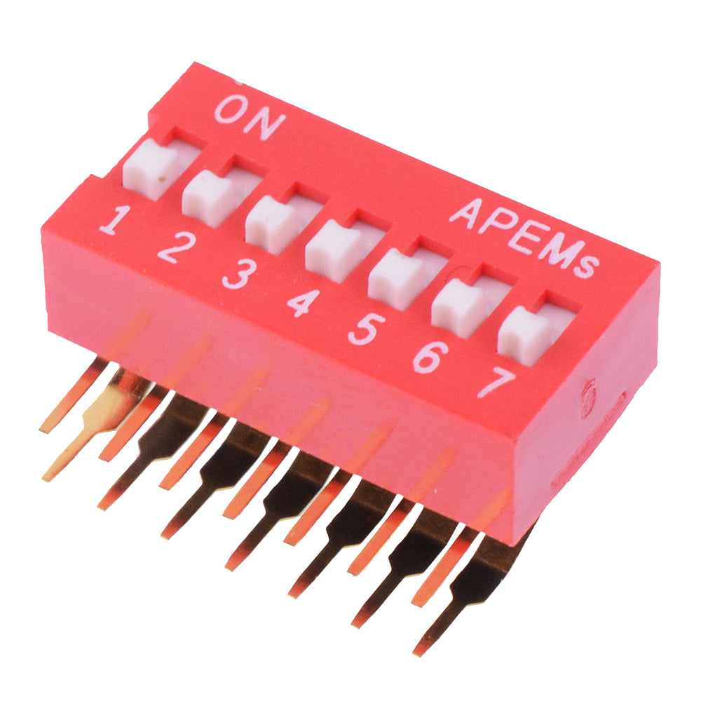 NDA07V APEM 7-Way Right Angle DIP Switch SPST — Switch Electronics | Your One Stop Component Shop