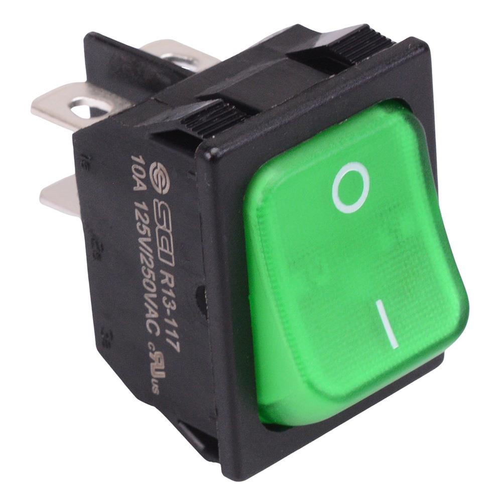 Green 230V illuminated On-Off Rectangle Rocker Switch DPST 10A R13-117 ...