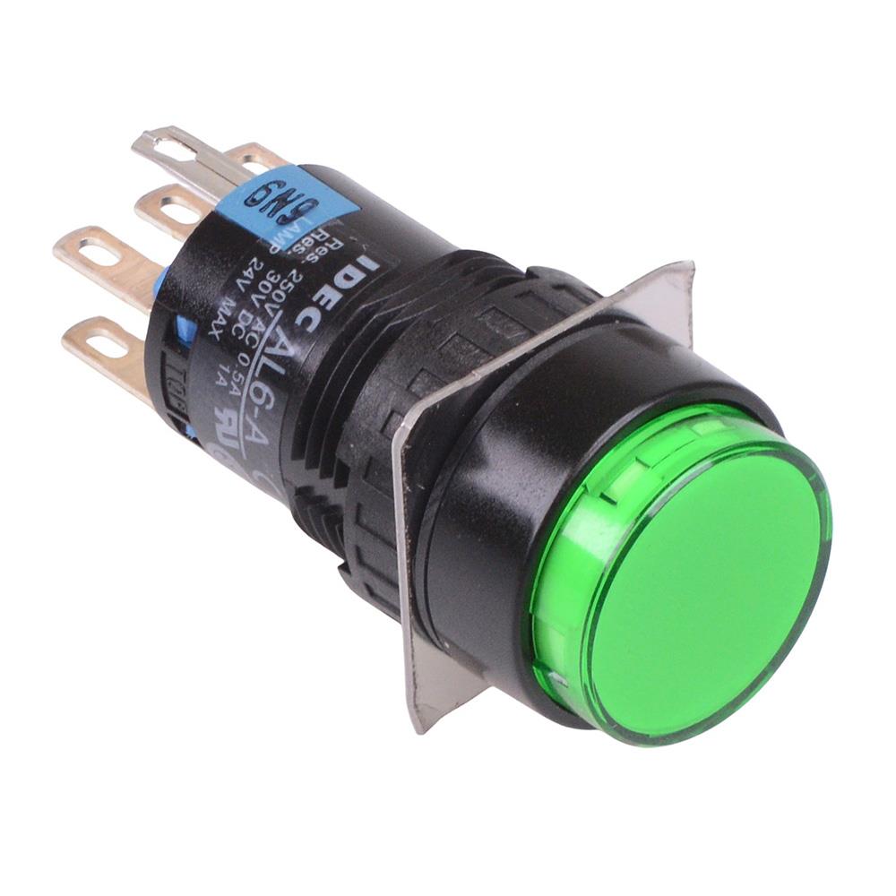 AL6M-A21PG Green 16mm 5VDC Latching Round illuminated Push Button Swit — Switch Electronics ...